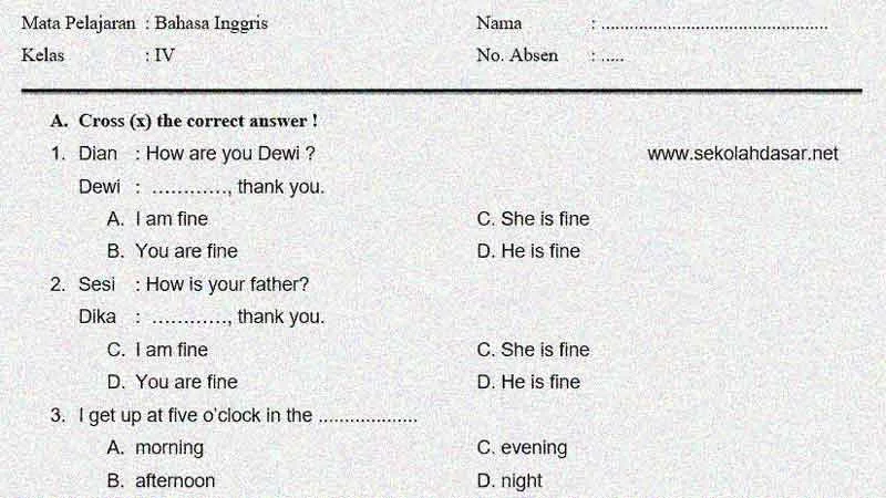 Soal Latihan Penilaian Tengah Semester 1 Bahasa Inggris Kelas 4 - SekolahDasar.Net