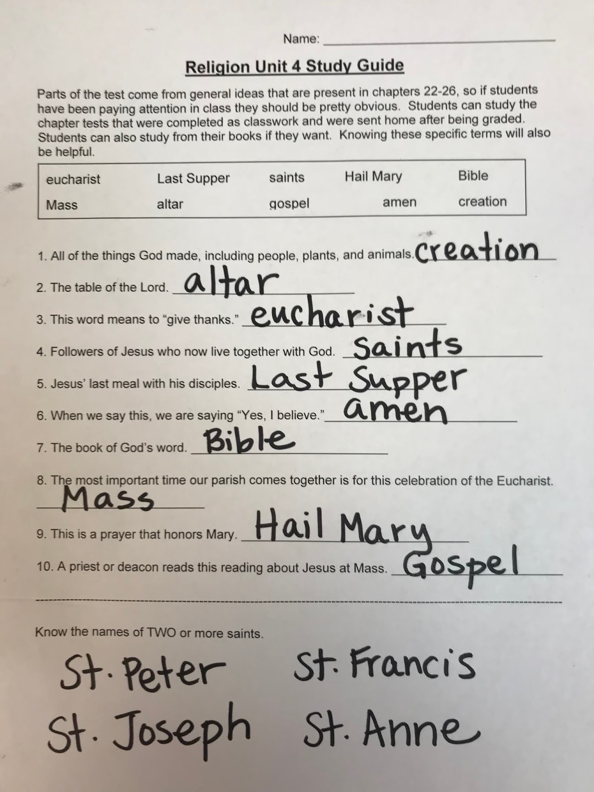 Welcome to First Grade! : Religion Unit 4 Study Guide