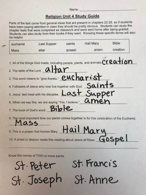 Welcome to First Grade! : Religion Unit 4 Study Guide