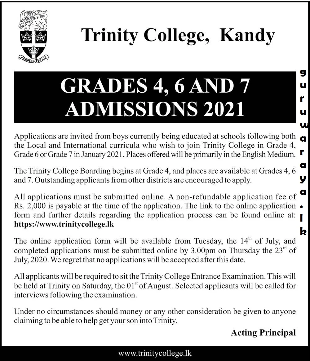 Admissions to Trinity College , Kandy - Teacher