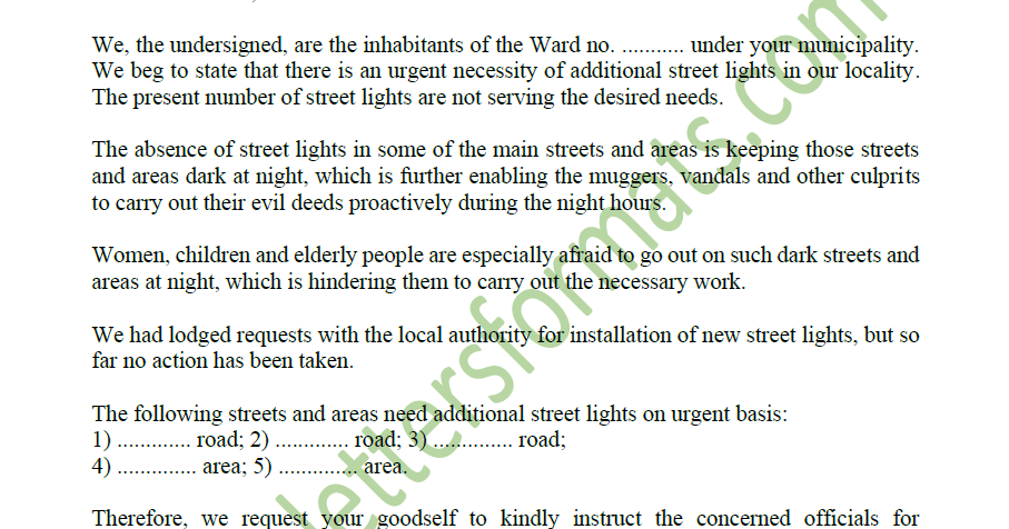 Request Letter to Municipal Corporation to Install Street Lights
