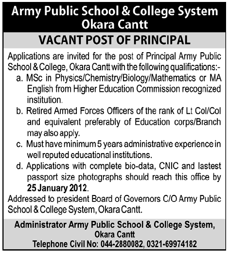 Principal Jobs in Army Public School & College, Okara - PK Jobs ...
