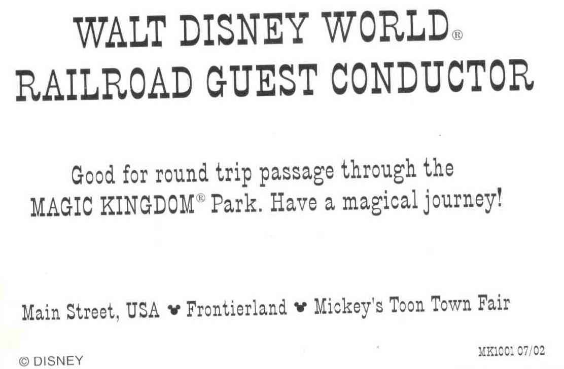 Walt Disney World Railroad Guest Conductor Card