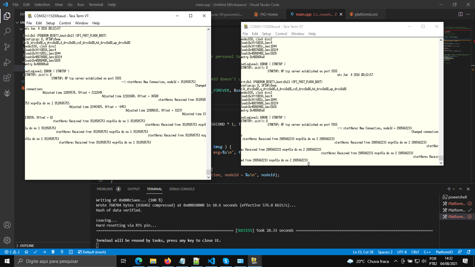 NINA W102 MESH: REDE MESH COM NINA W106 - ESP-MESH - ARDUINO PlatformIO