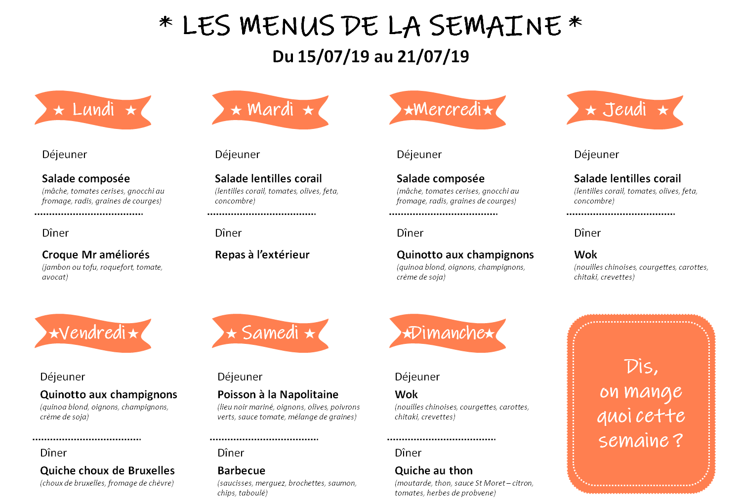 14 menus pour 1 semaine de repas en Juillet