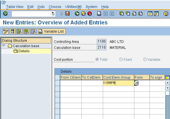 SAP Controlling: Costing sheet