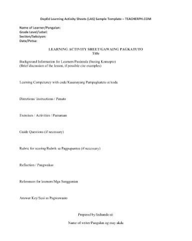 DepEd Learning Activity Sheets (LAS) Sample Template