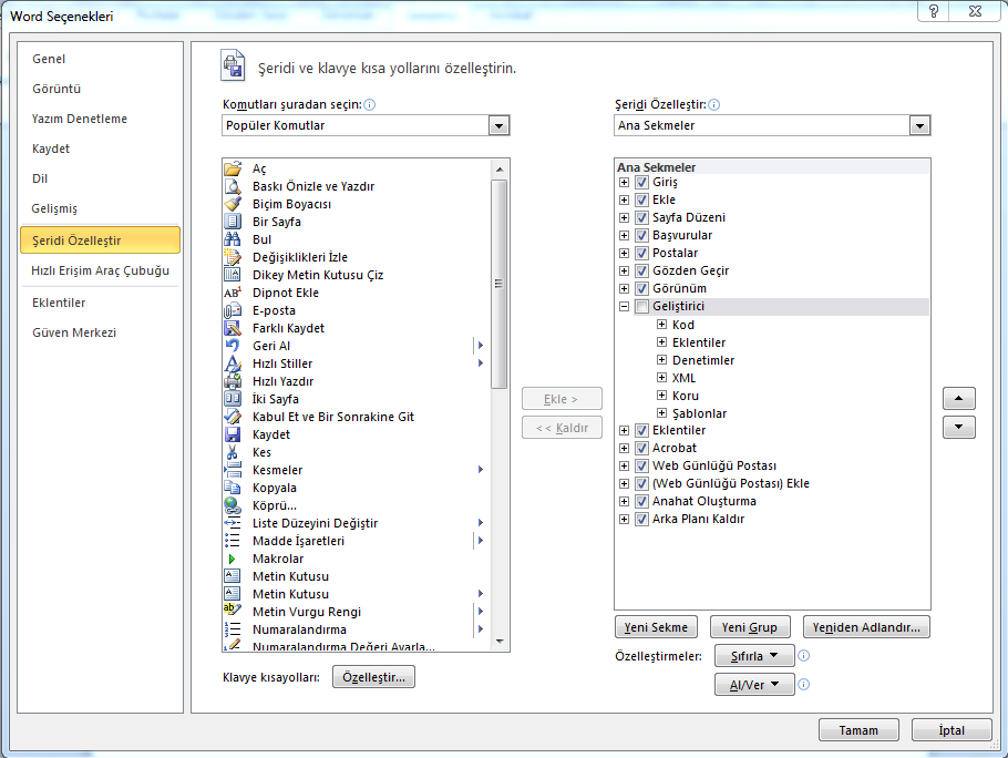 Yazılım ve Donanım: MS Office: Geliştirici Sekmesini Aktifleştirme