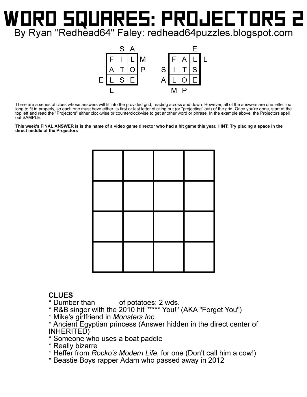 Redhead64's Obscure Puzzle Blog!: PUZZLE #125: Word Squares: Projectors 2