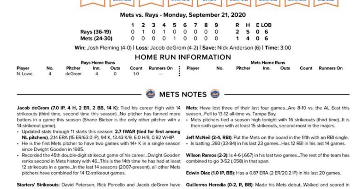 TheMediagoon.com: Mets Post Game Notes 9/21/2020