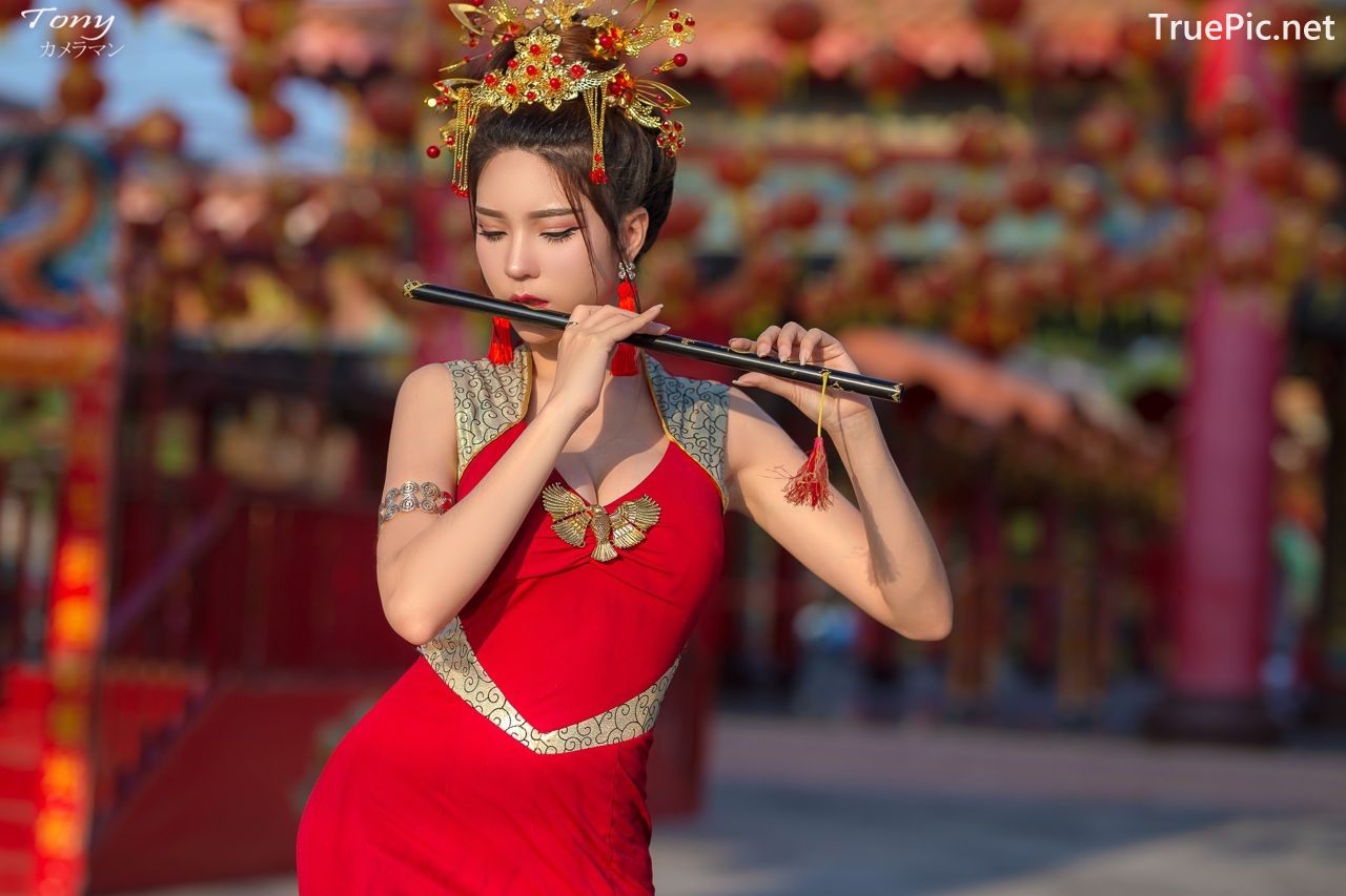 Thailand Hot Model Janet Kanokwan Saesim Sexy Chinese Girl Red Dress Traditional