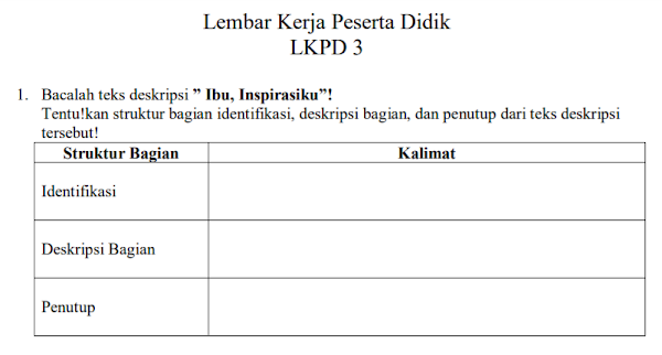 LKPD Bahasa Indonesia SMP Kelas 7 Semester 1 Materi Belajar Mendeskripsikan - Didno76.com