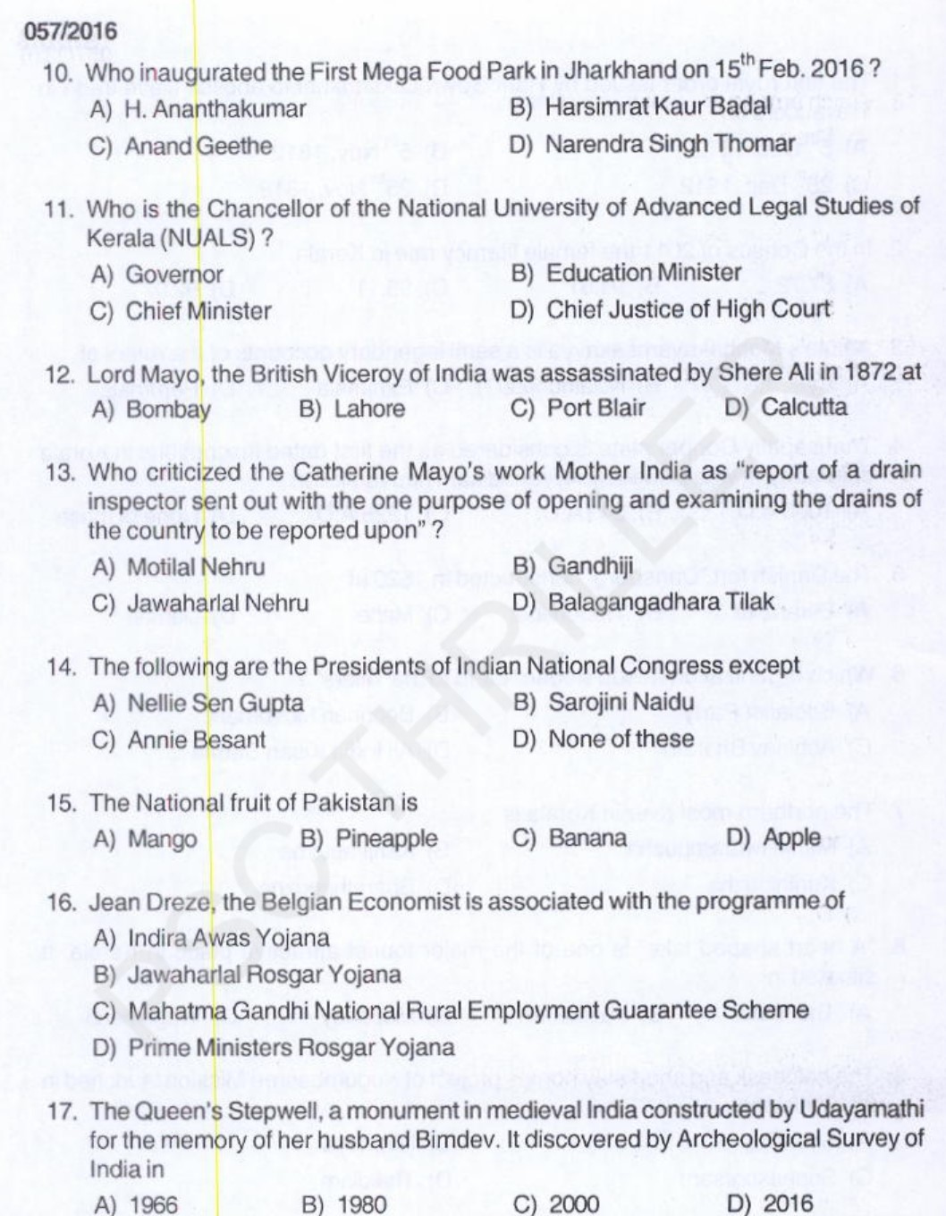 Beat Forest Officer - Question Paper with Answer Key - 57/2016 - Kerala ...