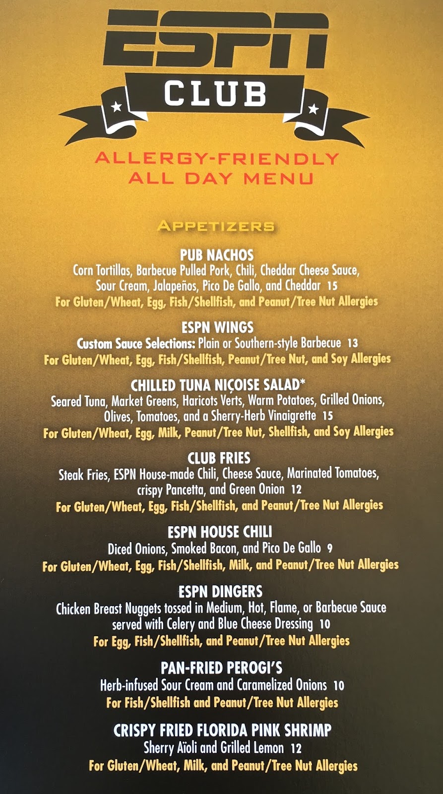 Alexis's Gluten Free Adventures: ESPN Club Allergy-Friendly Menu ...