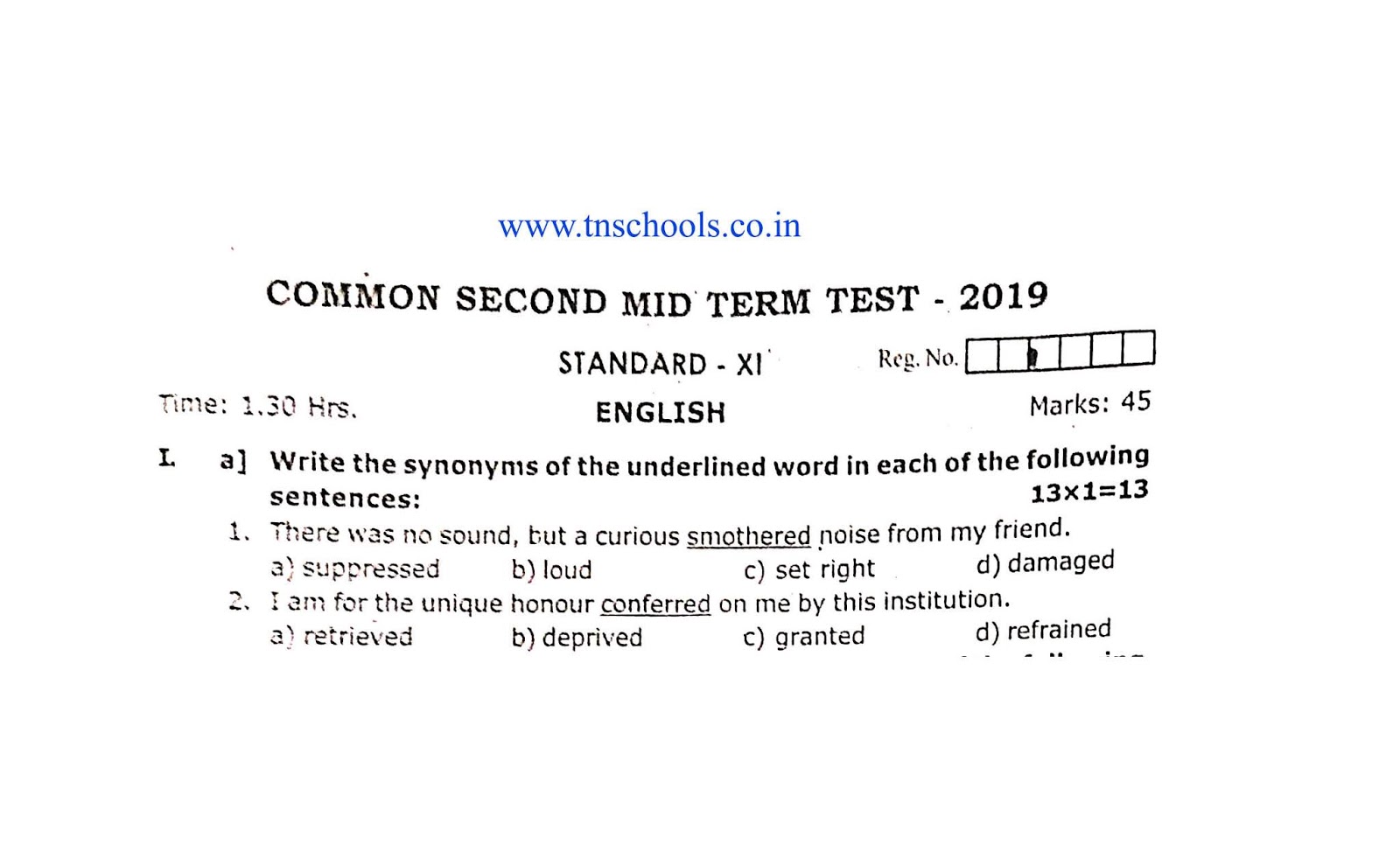 11th Std English Second Mid Term Question Paper - 2019