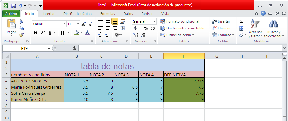 Excel Básico - Tabla de Notas - 7°