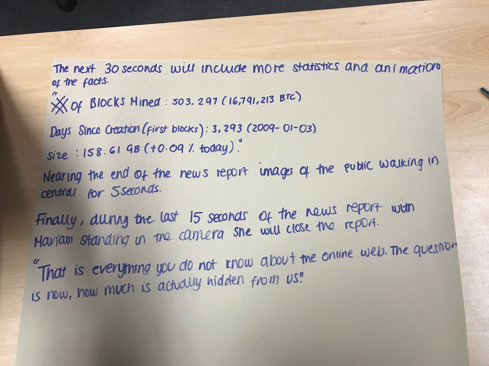 Writing out our 3 column script- Faye