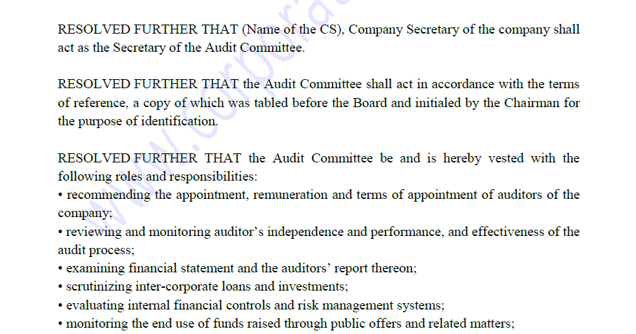 Format of Board Resolution for Constitution of Audit Committee