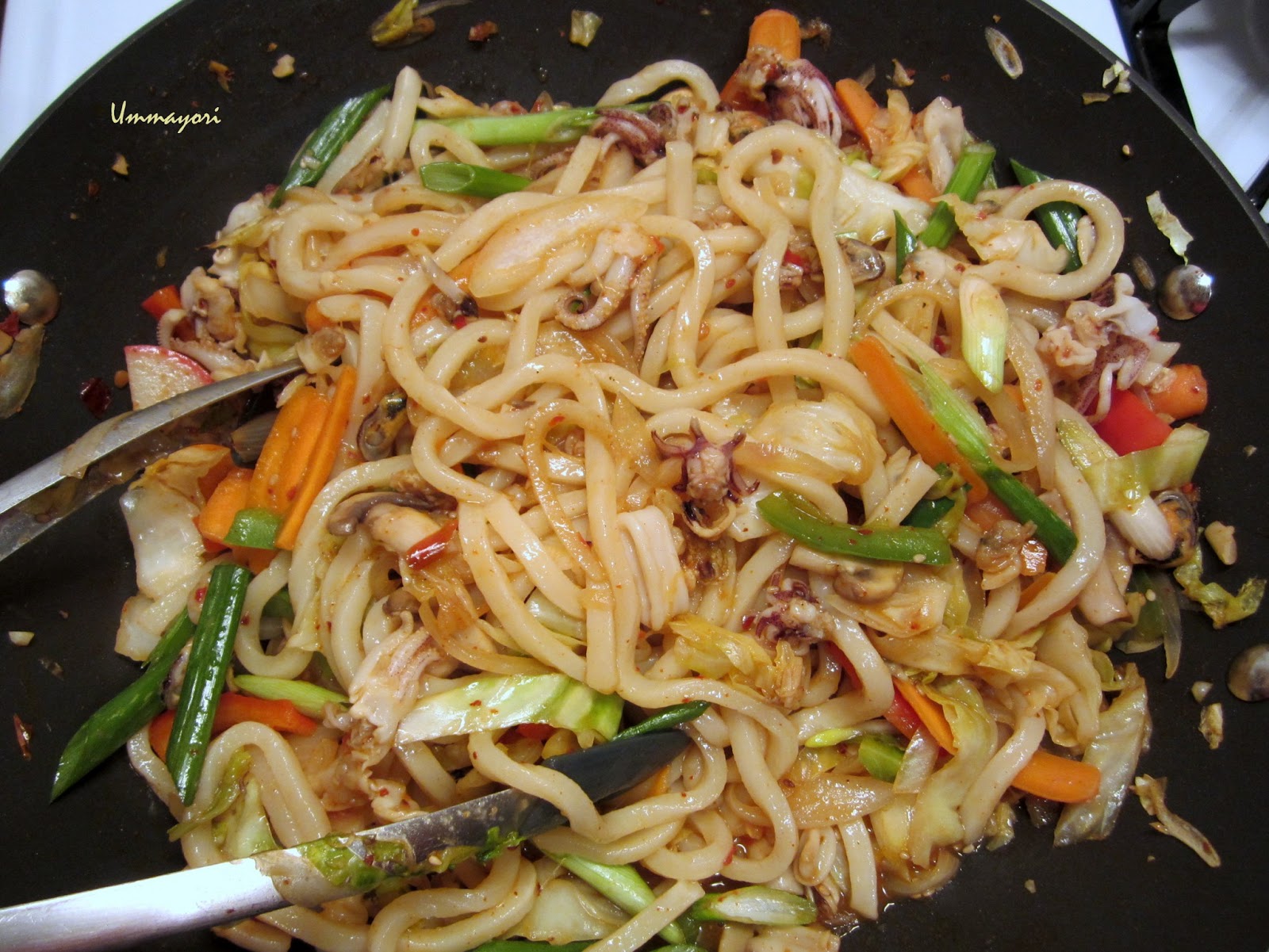 Stir fried spicy Udong Noodles with seafood