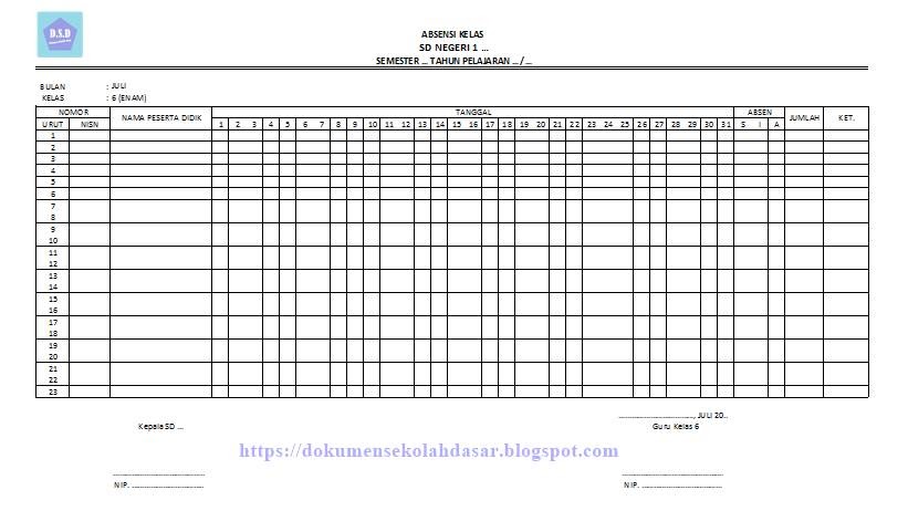 Absen Kelas 1-6 SD [Format Excel] - Dokumen Sekolah Dasar