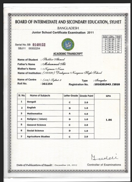 SSC Certificate Marksheet psd Sylhet Board Code: JSCSB 11320 - PSD Bank BD