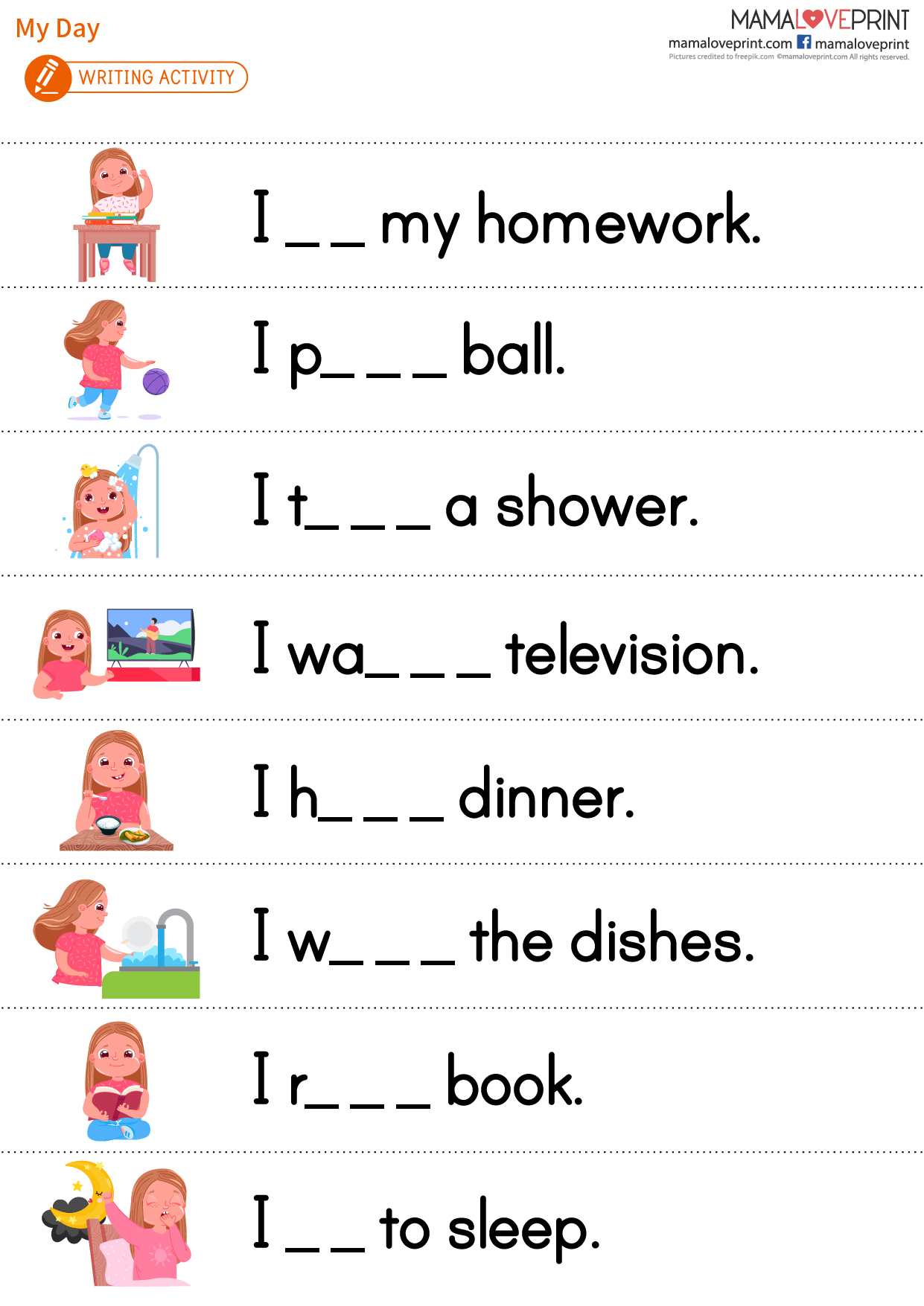 MamaLovePrint 工作紙 - 我的一天 My Day (Daily Routine) - 中英文幼稚園工作紙 ...