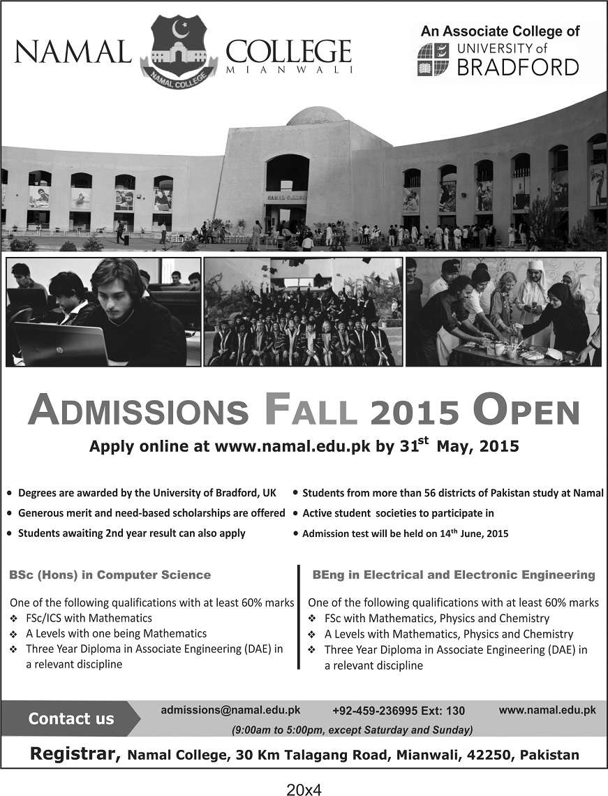 Admission Open in Namal College For Fall 2015 | LATEST JOBS AND ADMISSION