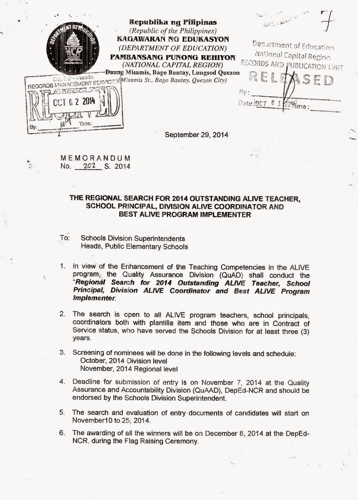 Department of Education Manila: Division Memorandum No. 539 - THE ...
