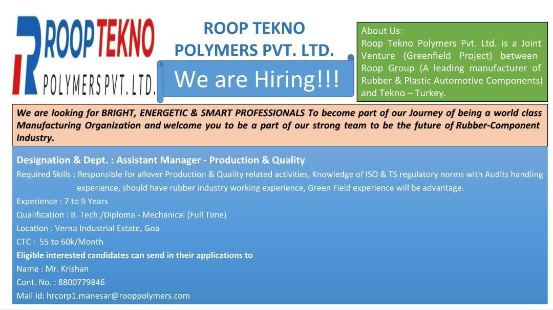 ROOP TEKNO POLYMERS - Hiring Engineer - Lab Tech. / Production ...