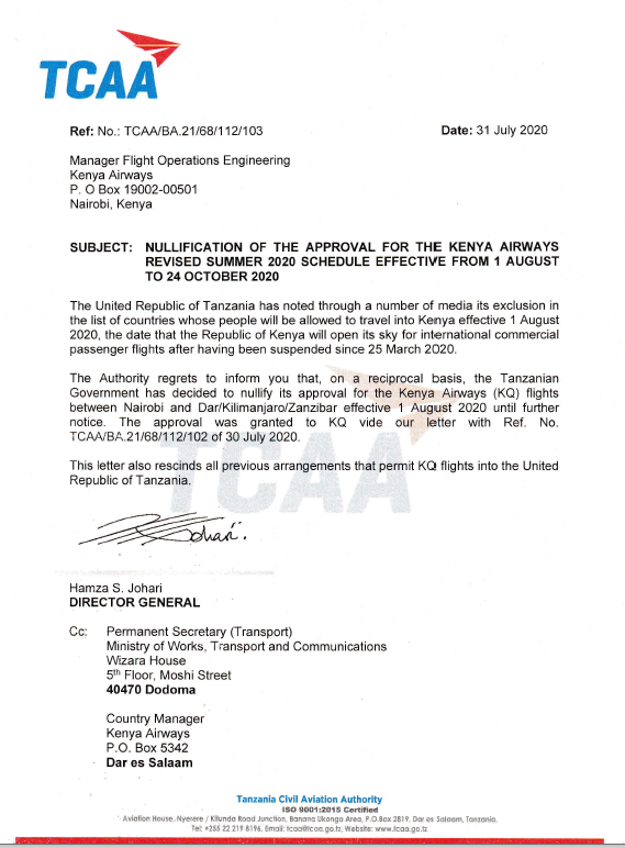 TCAA nullifies all KQ permits for flights into the United Republic of ...