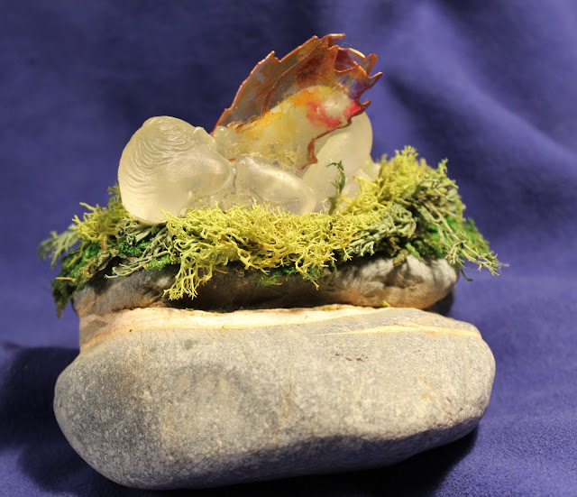 JuJu Crafts: Elemental Baby Fire Fairy Paperweight in Moss Nest on Rock
