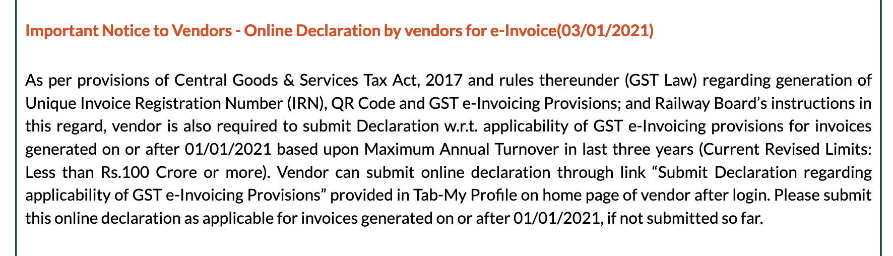 Online Declaration by vendors for e-Invoice on www.ireps.gov.in ...