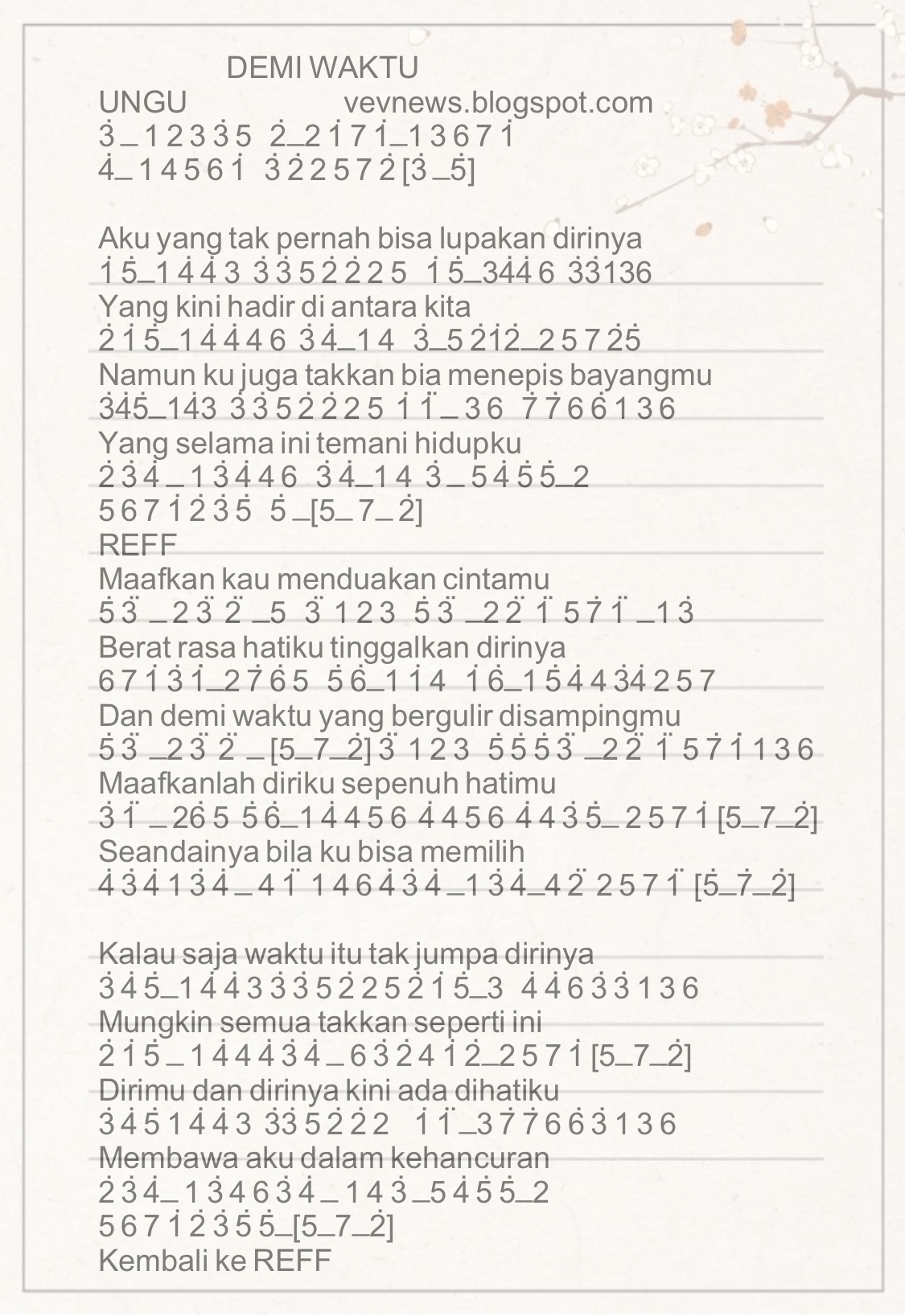 Not Angka Kalimba Demi Waktu Ungu - Kumpulan Not Lagu