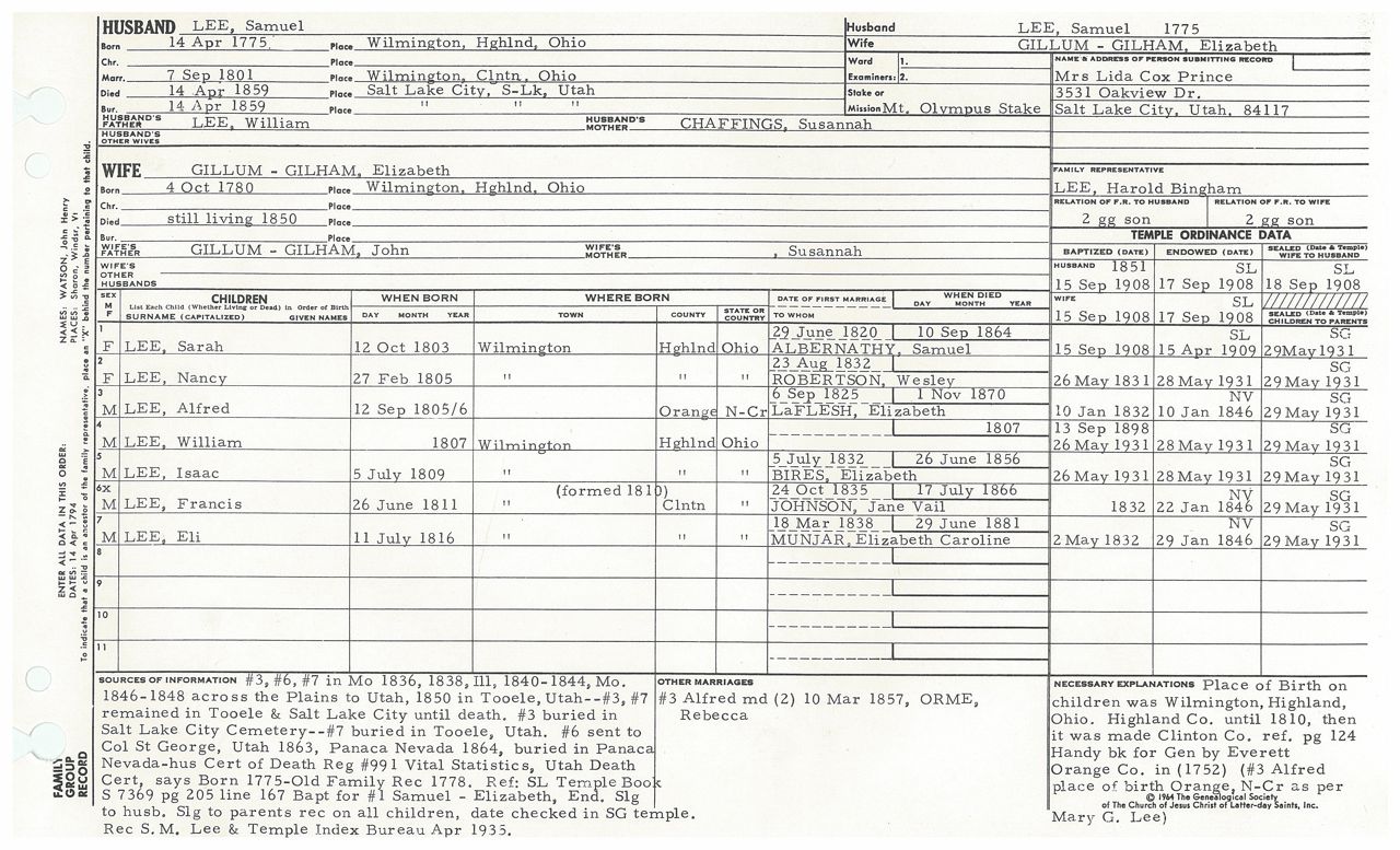Samuel Lee and Elizabeth Gilham Pioneer History: Samuel Lee and ...