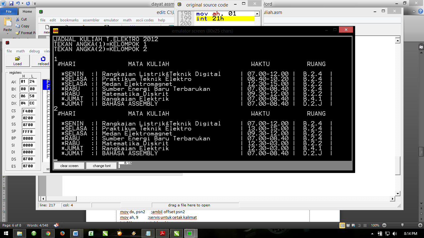 Contoh Program assembly jadwal kuliah menggunakan Emu8086