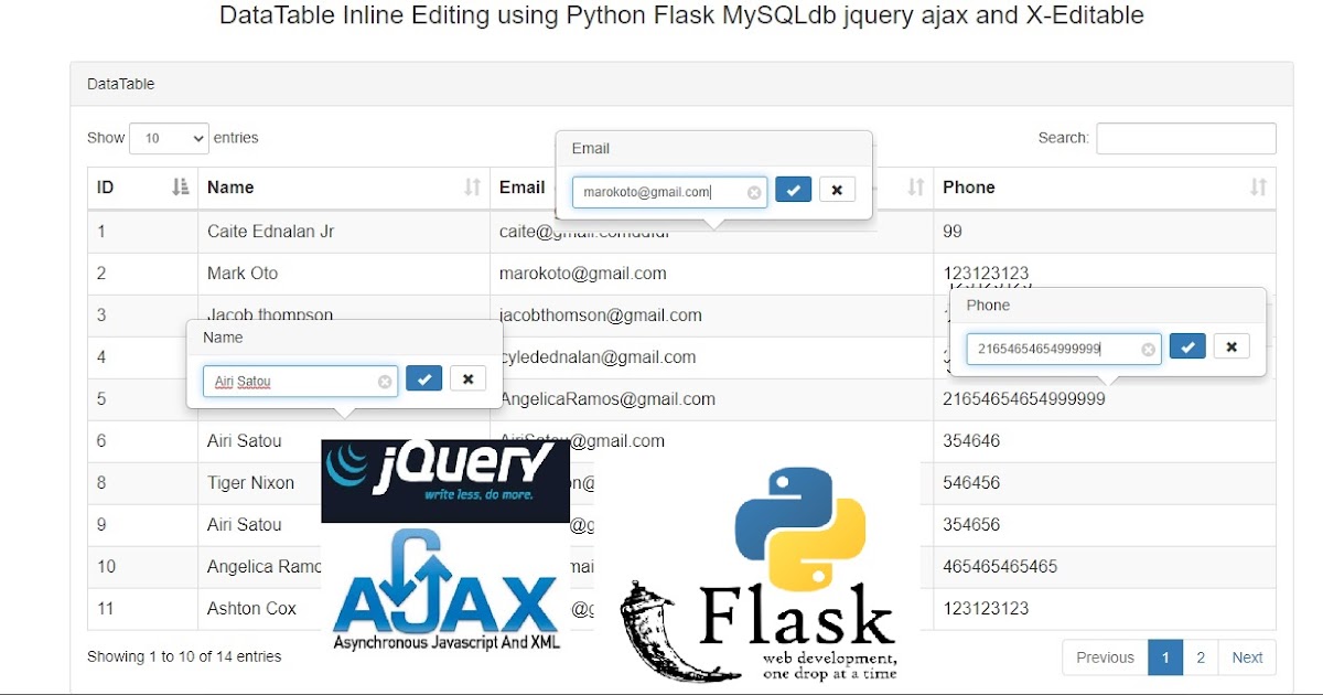 DataTable Inline Editing using Python Flask MySQLdb jquery ajax and X ... DataTable Inline Editing using Python Flask MySQLdb jquery ajax and X ...