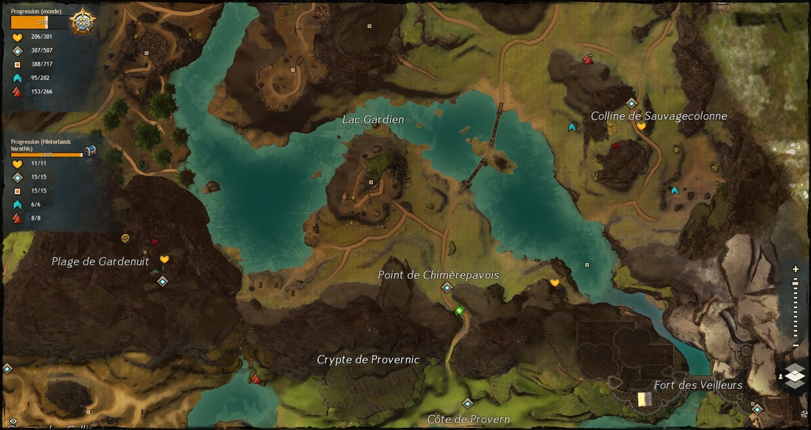 Découvre Guild Wars II: Cartographie Hinterlands Harathis - Zone 35 à 45