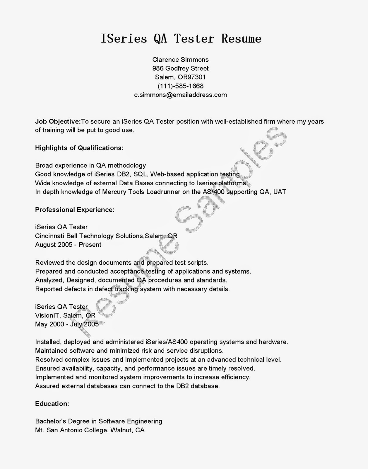 Resume Samples: ISeries QA Tester Resume Sample
