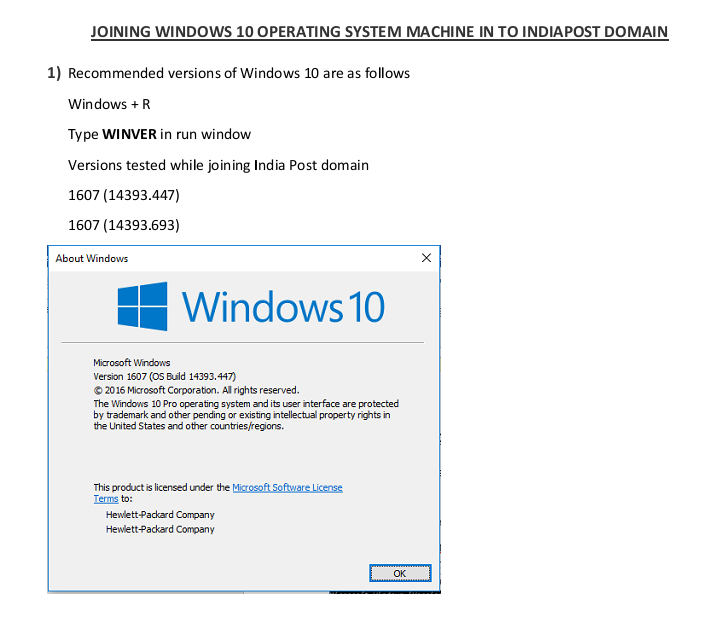 JOINING WINDOWS 10 OPERATING SYSTEM MACHINE IN TO INDIA POST DOMAIN