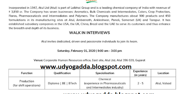 UDYOG ADDA: ATUL INVITING FOR WALK IN INTERVIEW ON 01/02/2020 FOR PRODUCTION DEPT. FROM ...