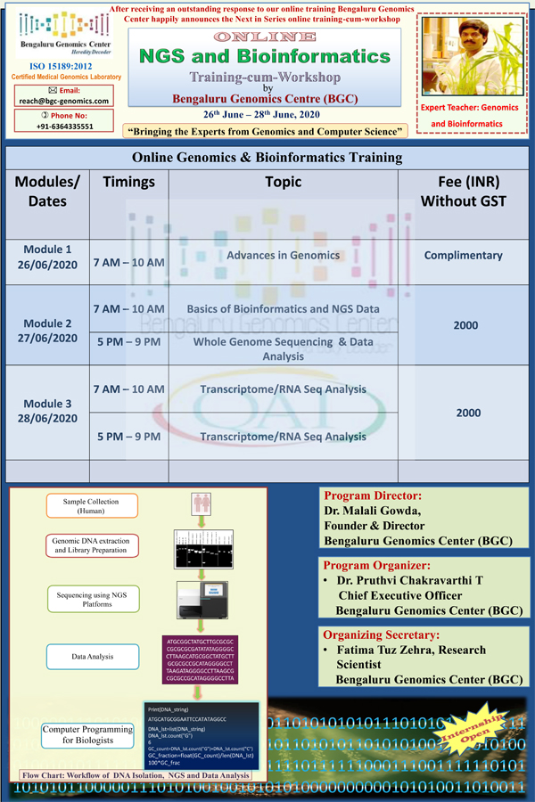 Bengaluru Genomics Centre Offering Online "NGS & Bioinformatics" Training-cum-Workshop | 26-28 ...
