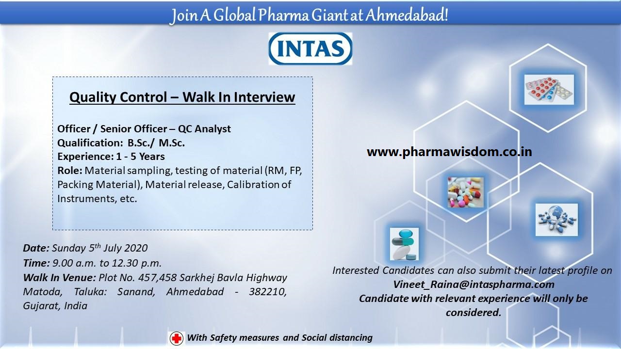 Intas Pharmaceuticals Ltd - Walk-In Interviews on 5th July' 2020 ...