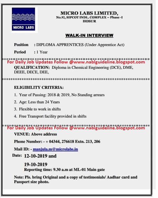 NABL GUIDELINES: Micro Labs Limited - Walk-In Interview for Freshers on 12th & 19th October 2019