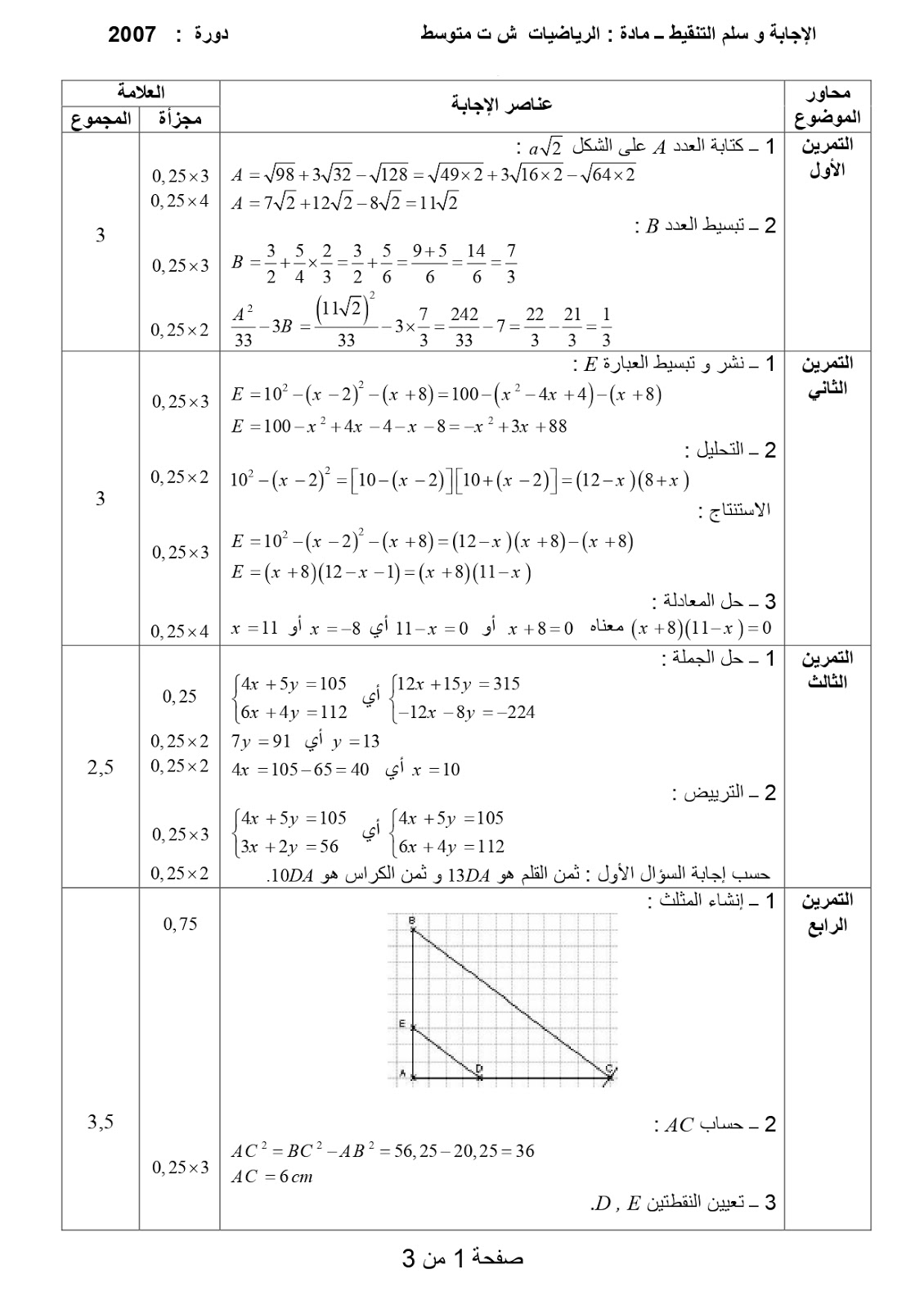 تصحيح شهادة التعليم المتوسط 2007 في الرياضيات Correction Bem 2007
