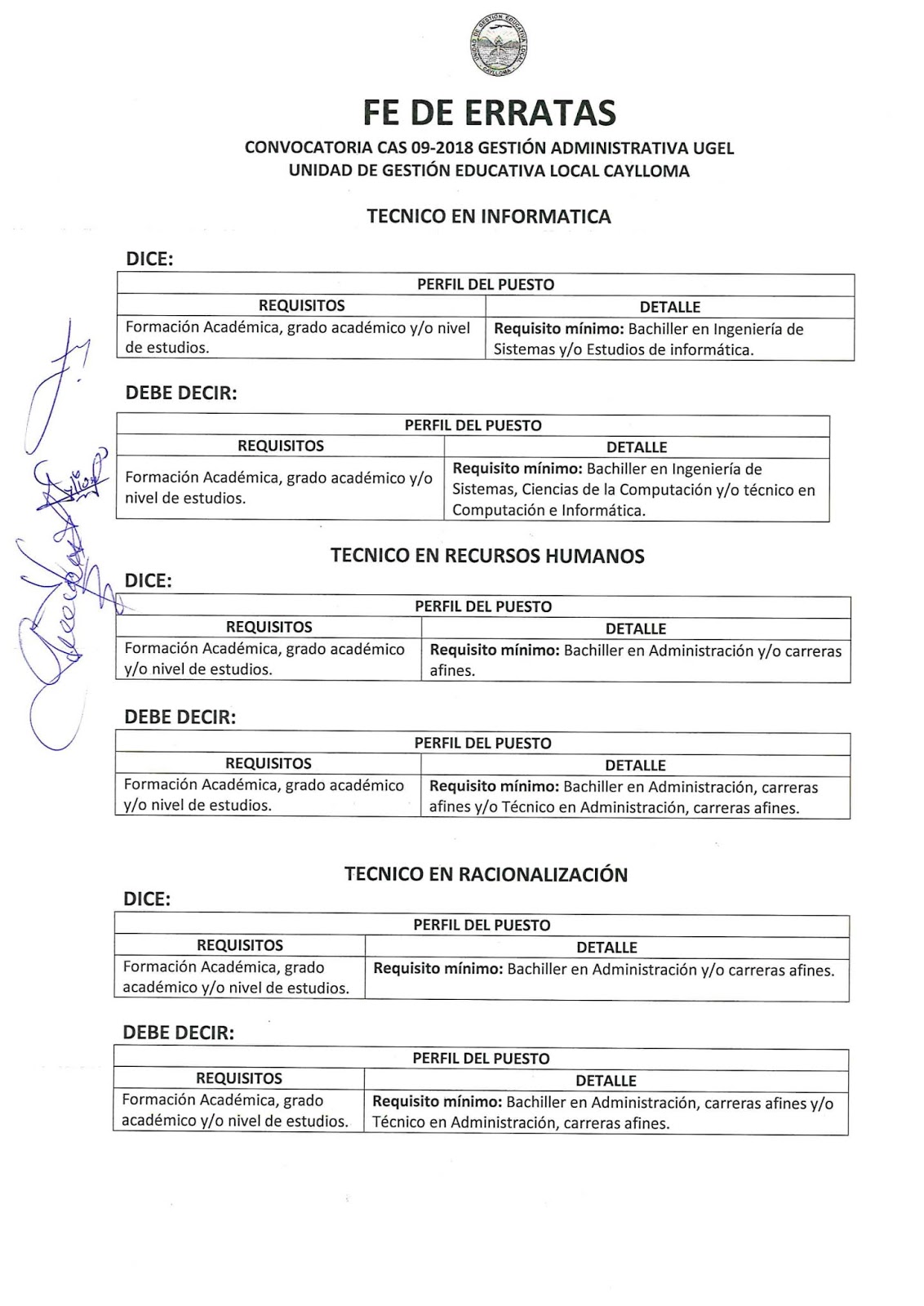 FE DE ERRATAS CONVOCATORIA CAS 09-2018 ~ UGEL CAYLLOMA