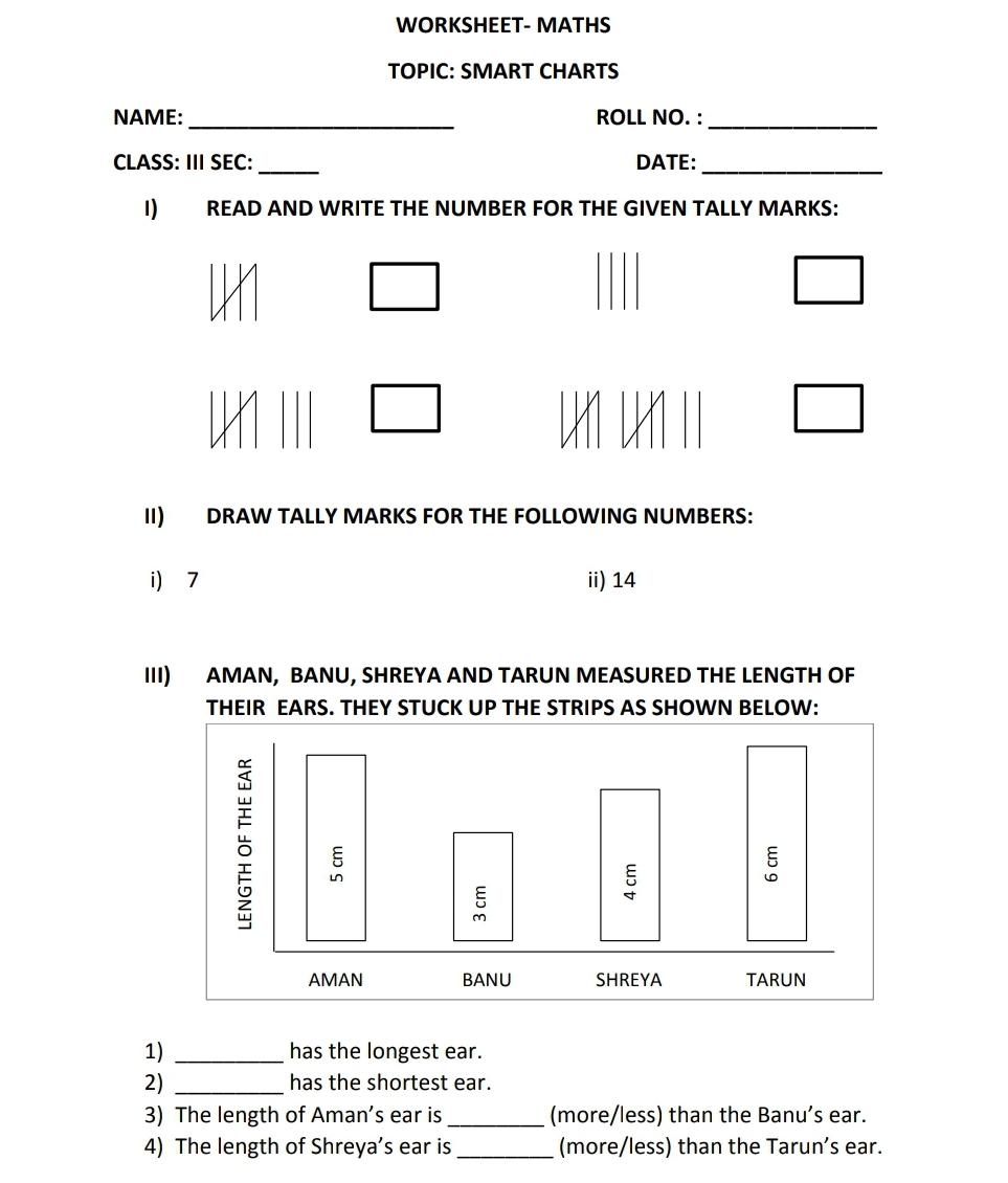 KV3 Maths, Worksheet on Smart Charts - FORTUNE ACADEMY