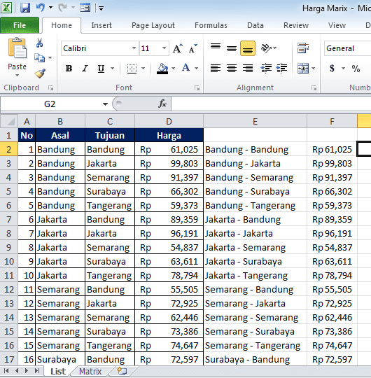 Rumus Excel Merubah List Harga Kiriman Barang Menjadi Bentuk Tabel Matrix