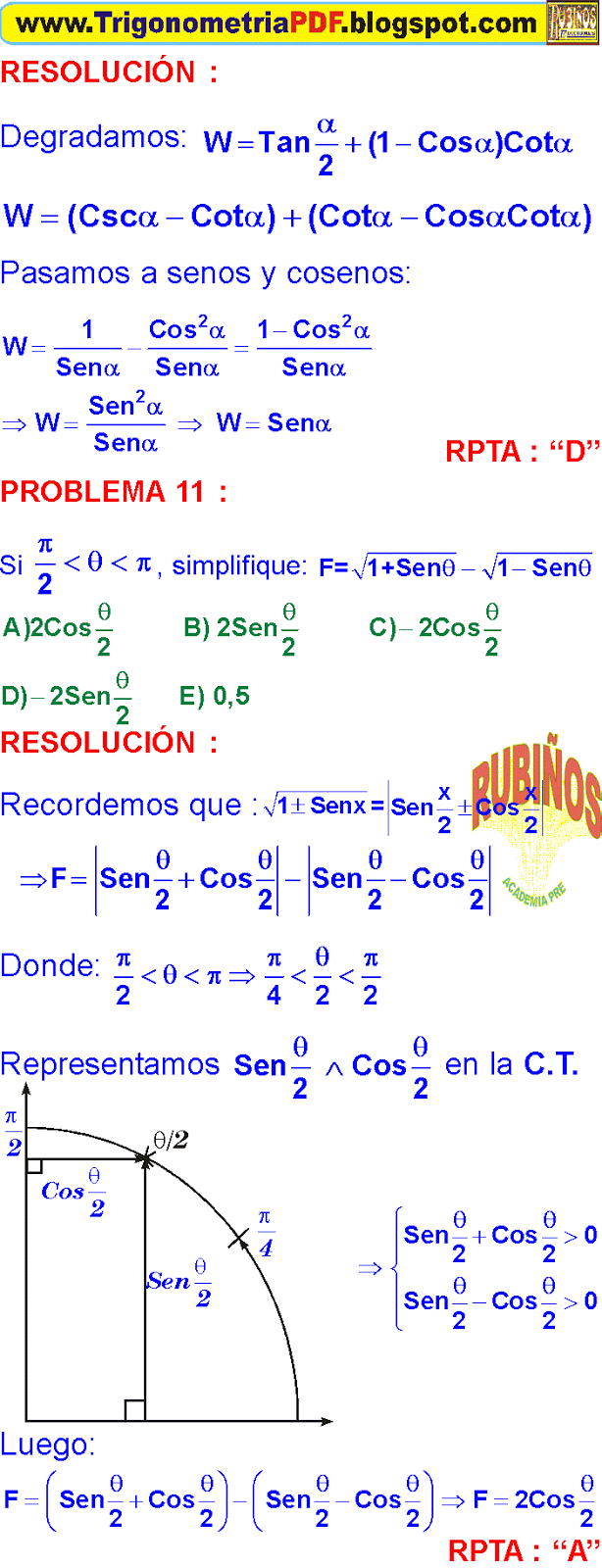 IDENTIDADES DEL ANGULO MITAD EJERCICIOS RESUELTOS DE TRIGONOMETRIA PDF