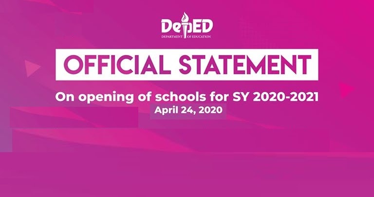 OFFICIAL STATEMENT on opening of schools for SY 2020-2021 - Deped Tambayan
