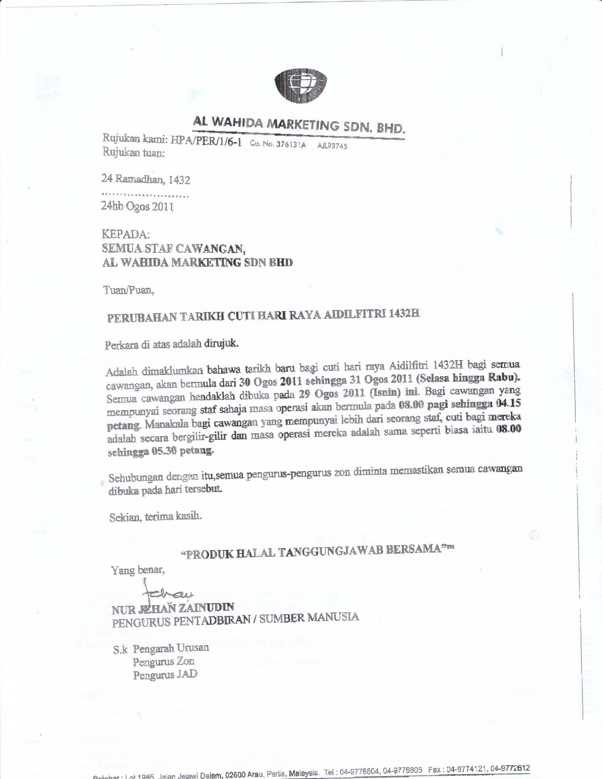 HPA ZON TIMUR: MEMO PERUBAHAN CUTI HARI RAYA